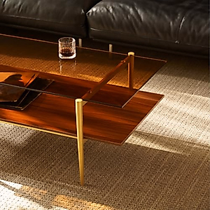 Saint Mossi Tadio Double Layer Glass Coffee Table for Living Room, Brown Glass & Coffee Brown MDF Bottom Shelf