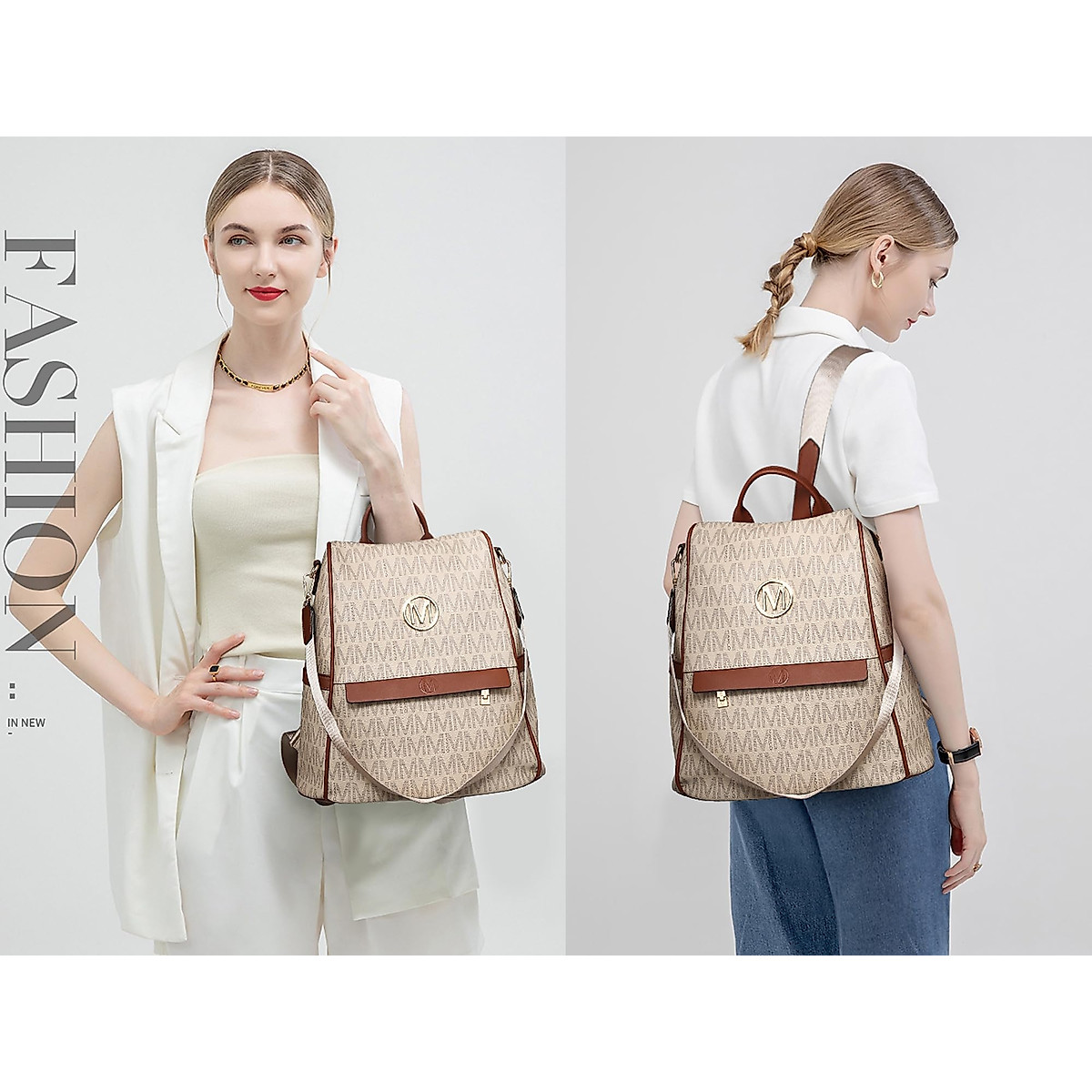 MKP Women Fashion Backpack Purse Multi Pockets Signature Anti-Theft Rucksack Travel Ladies Shoulder Bag Handbag 2Pcs