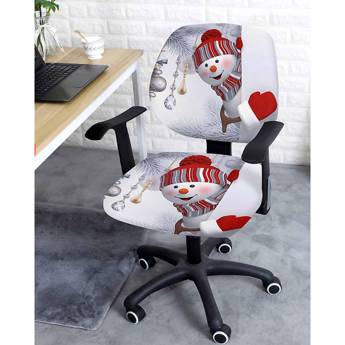 Christmas Snowman Red Office Chair Cover Stretchable Computer Chair Seat Cover Backrest Slipcovers, Stretchable Rotating Desk Chair Seat Cushion Split Protectors Xmas Ball Silver Pine Tree Branch
