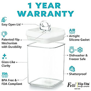 Felli Flip Tite LARGE Acrylic Food Storage Container 3PC Baking Set with 5” Air tight Seal Lid Easy Lock Square, Kitchen Pantry Organization Plastic Canister Jar Organizing Rice Flour Sugar Protein Powder Oat Dog Treat Organizer, Gift for Women (1.8qt, Wh
