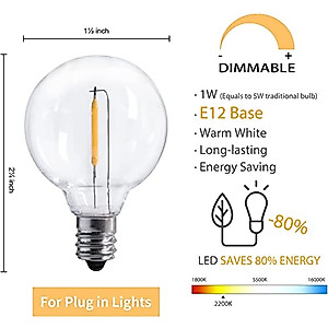 G40 Led Replacement Light Bulbs 1W Shatterproof Globe Bulb Fits E12 or C7 Candelabra Screw Base Sockets, 1.5 Inch Dimmable Light Bulbs for Indoor Outdoor Patio Decor, 2200K, Warm White, 25 Pack