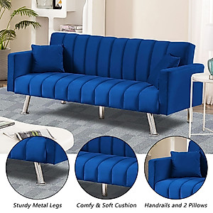 AWQM Sofa Bed, Upholstered Convertible Sofa Bed with 2 Pillows, Modern Velvet Sleeper Sofa Couch with Wooden Frame and Metal Legs, Small Couch for Living Room Bedroom Office (Blue)