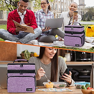 opux Insulated Lunch Bag for Men Women, Large Dual Compartment Cooler Bag, Soft Two Deck Lunch Box for Work School Picnic, Leakproof Lunch Tote with Shoulder Strap for Kid Adult (Purple, Double Deck)