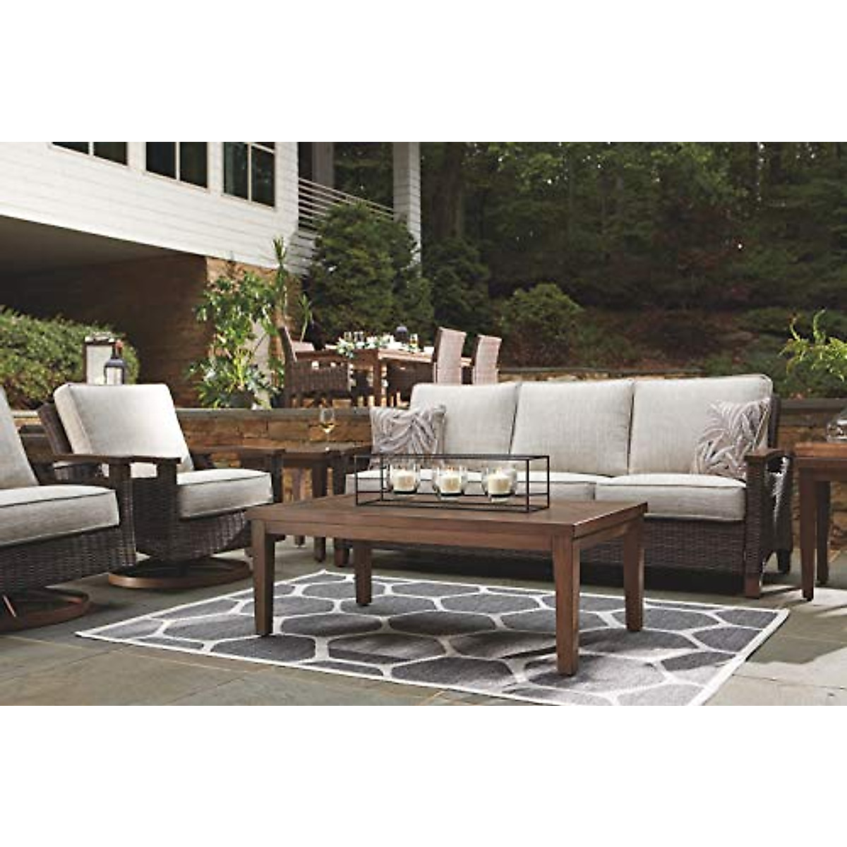 Signature Design by Ashley Paradise Trail Outdoor Patio Sofa with Cushion and 2 Pillows, Brown & Beige