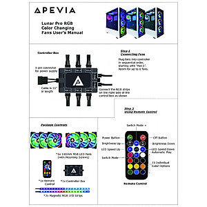 Apevia LP614L2S-RGB Lunar Pro 140mm Silent Dual-Ring RGB Color Changing LED Fan with Remote Control, 32x LEDs & 8X Anti-Vibration Rubber Pads w/ 2 Magnetic LED Strips (6+2-pk)