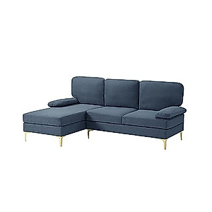 Goohome 79.5'' Linen L-Shaped Left-Hand Facing Sectional Sofa Metal Legs and 2 Detachable Armrest Pillows, Modern 3-Seater Fabric Couches for Living Room Apartment Small Space, A-Dark Blue