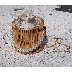 Straw Beach Pearl Bag Purse Bag for Women Vacation Handmade Basket Tote Bamboo Should Bag Handbag Best Gift for Girls Wife