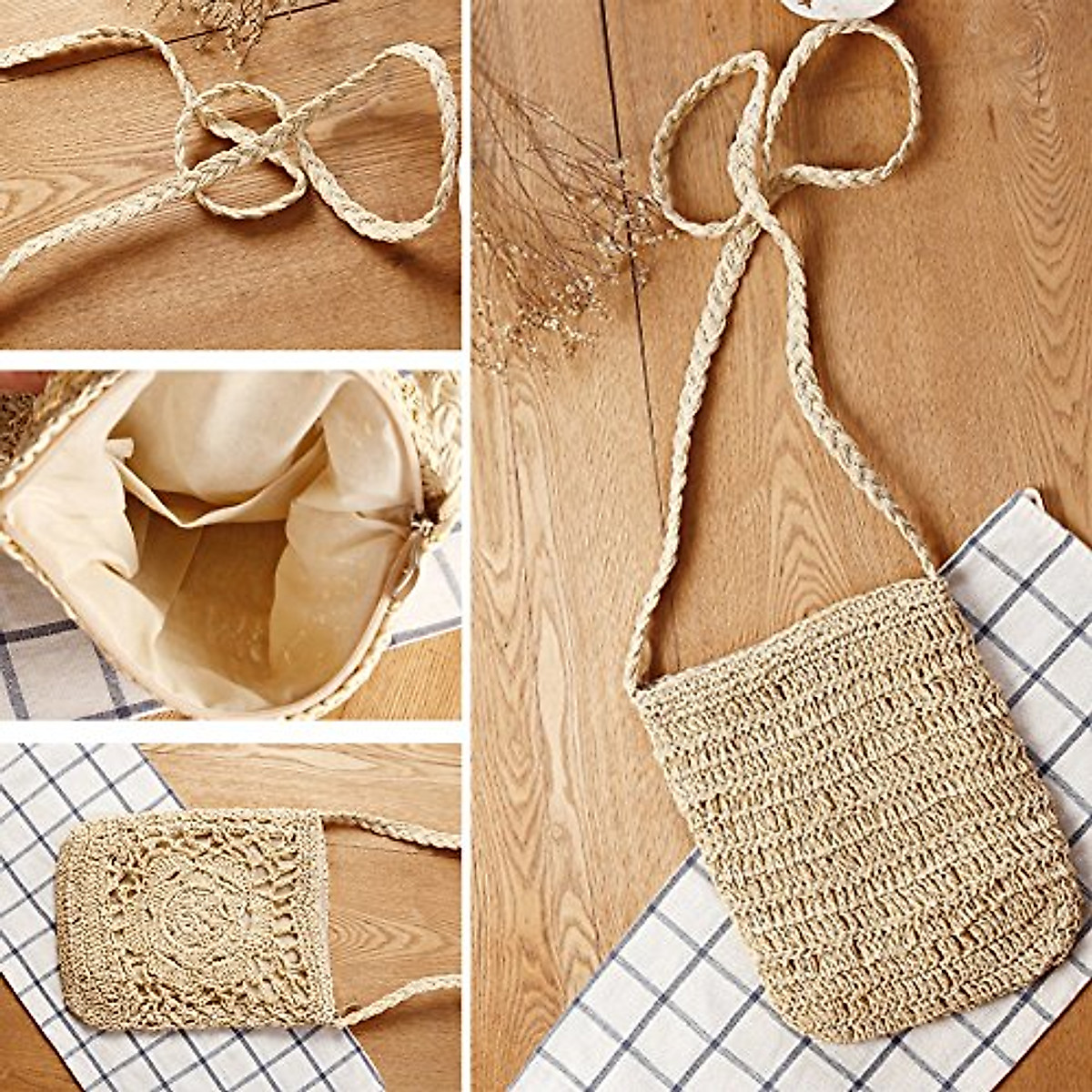 Qoyntuer Woven Straw Messenger Knitted Bag,straw Shoulder Bag Women's Handwoven Crossbody Handbag Cotton Crochet Shoulder Purse Handmade Flower Beach Storage Bag Summer Beach Shoulder Handbag (Beige)
