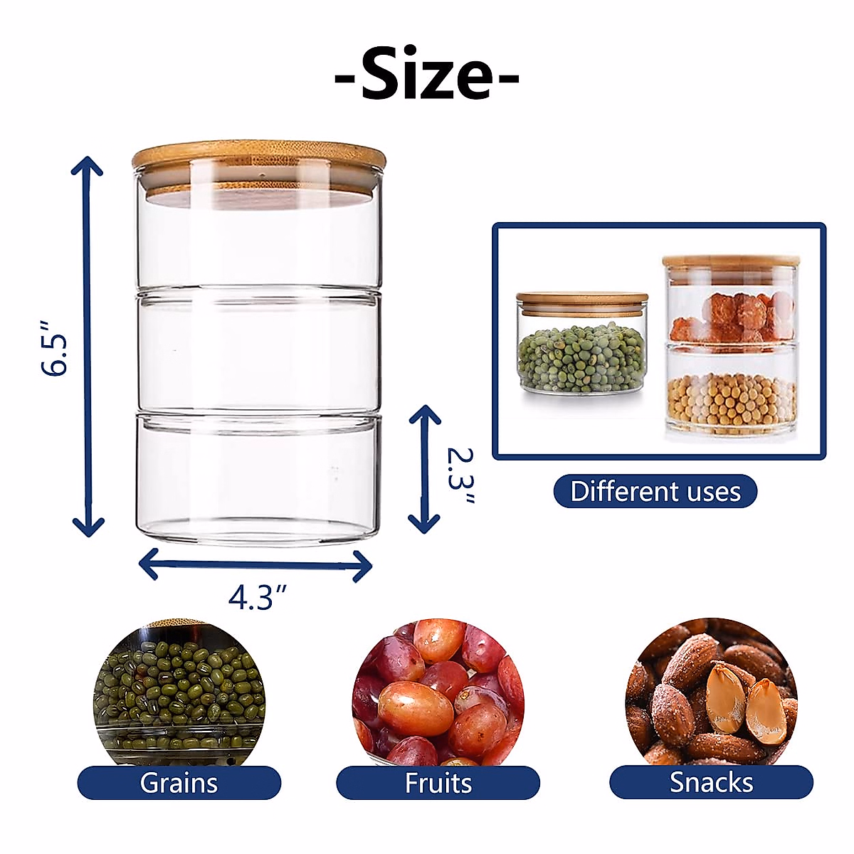Holloance Airtight Glass Canister(3x15oz) with Bamboo Lid. Clear Food Storage Jar circular. Stackable Kitchen Storage Container for Coffee Beans, Nuts, Candy, Pasta, Sugar, Cookie, Flour, Fruit.