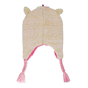 Kids Girls Cute Glitter Unicorn Beanie Winter Hat and Glove Set Knitted Earflap Cap Flip Top Mitten Set Beige