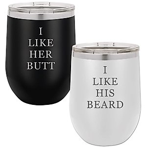 I Like His Beard, I Like Her Butt Wine Tumbler Set Wedding Engagement Gifts for Husband, Wife, Bride, Groom, His and Her Anniversary, 12 Oz Stainless Steel Wine Tumbler with Lid, Black and White