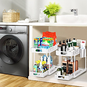 POJORY 2 Pack Double Sliding Under Sink Organizers and Storage,2-Tier Pull Out Under Sink Organizer with Hooks and Hanging Cup,Multi-Purpose Cabinet Organizer for Bathroom Kitchen, White