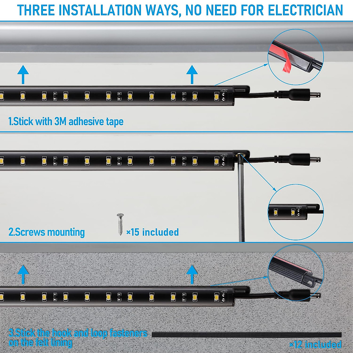 TORCHSTAR LED Safe Lighting Kit, (6) 12 Inch Linkable Light Bars + Rocker Switch + UL Power Adapter, 900LM, Input 100-240V, for Under Cabinet Gun Safe Locker Closet Showcase, 5000K Daylight
