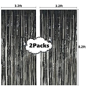 2pcs 3.2ft x 8.2ft Shiny Black Metallic Tinsel Foil Fringe Curtain Photo Booth Backdrop Props for Birthday Wedding Bridal Shower Baby Shower Celebration Bachelorette Party Decorations (Black)