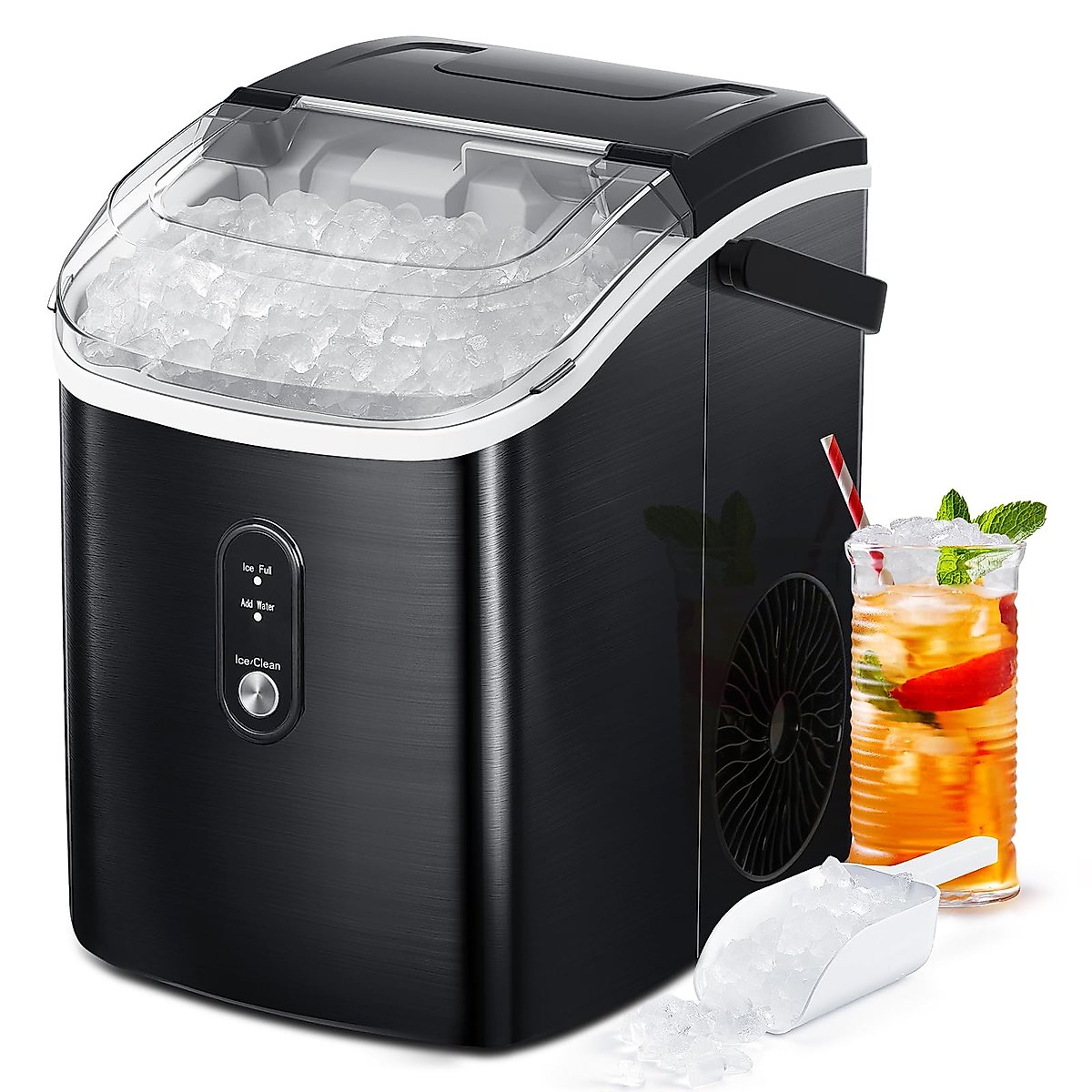 ZAFRO Nugget Ice Maker Countertop with Handle, Stainless Steel ice Machine with Self-Cleaning, 35.5Lbs/24Hrs, Chewable Ice Cubes, with Ice Basket/Ice Scoop for Home/Office/Bar/Party, Black