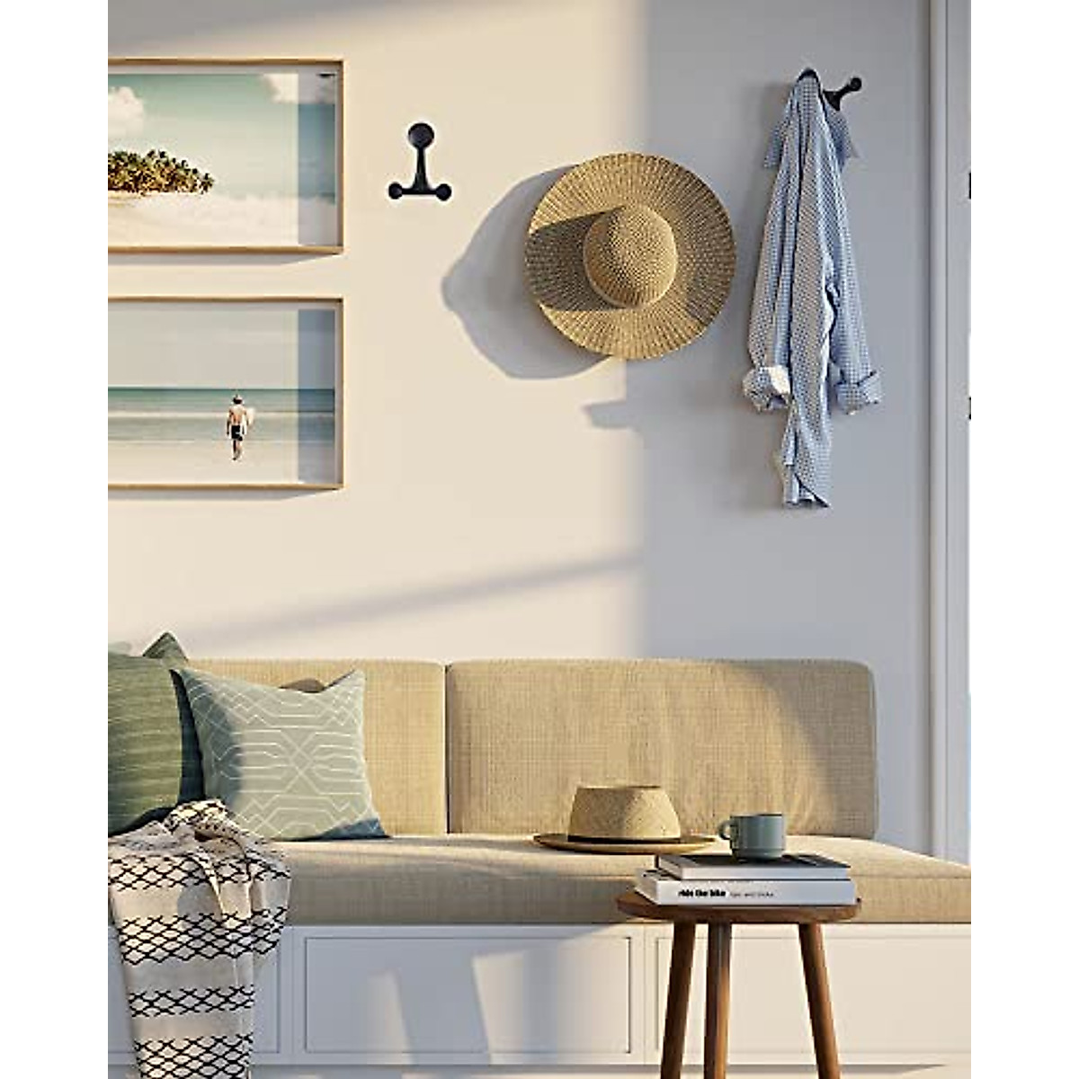 Wall Hook Metal Heavy Duty Kids Backpack Hooks Black Double Prong Hooks Indoor Coat Hook for Hanging Bathroom Towels Keys Cap Wall Mount Modern Decor Horn Hook 3 Pack with Screws, Black