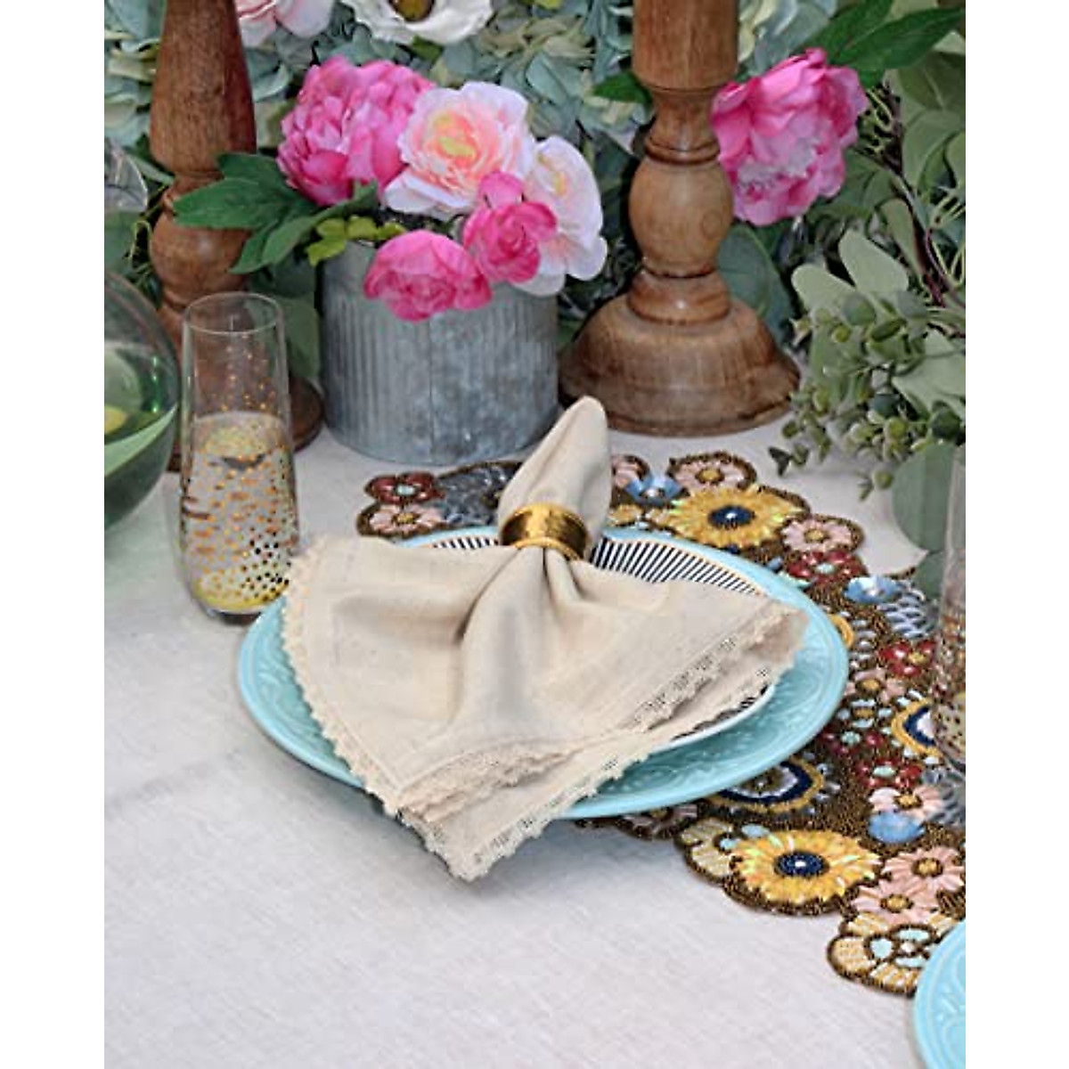 COTTON CRAFT Flax Linen Cloth Napkins with Lace - Set of 12 Lunch Dinner Napkins - Elegant Everyday Fall Harvest Thanksgiving Holiday Table Napkin - Washable Reusable Napkin - Oversized 20x20- Natural