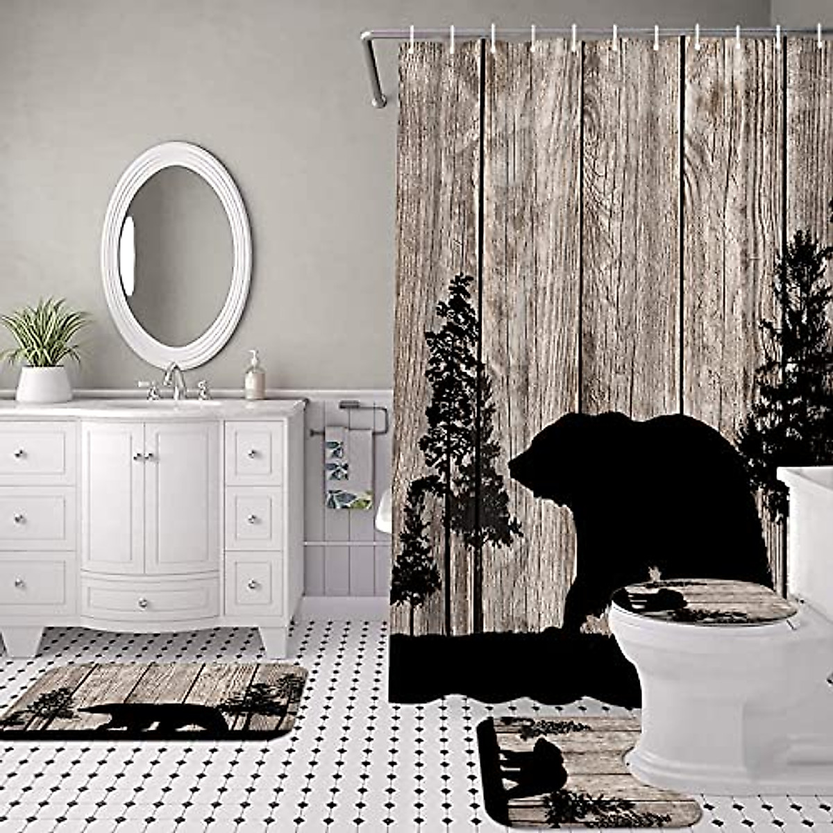 SiMiWOW Black Bear in Forest Shower Curtain Set with Rugs Woodland Animal Country Farmhouse Cabin Bathroom Decor Curtain, Set of 4