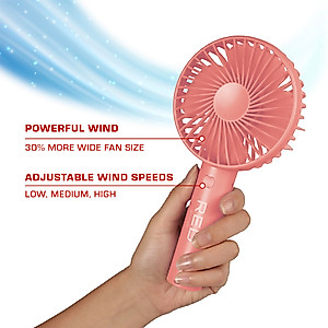 Red by Kiss Handheld Fan, Mini Portable Personal Desk Fan with USB Rechargeable, 3 Speed Long Lasting Powerful Small Fan for Makeup Travel Home Office Lace Wig Eyelash Face Nail (Pink)