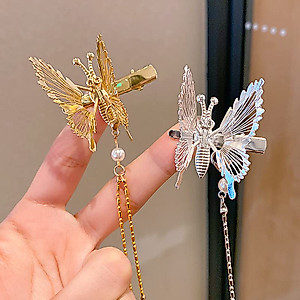 Flymind 6Pcs Moving Butterfly Tassel Hair Clips, Elegant Antique Side Hairpins Decorative Accessories for Women Girls (Silver)