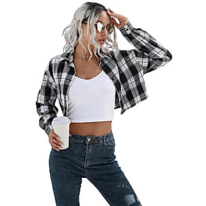 SweatyRocks Women's Cute Color Block Long Sleeve Crop Tops Plaid Button Down Blouse White Black Plaid L