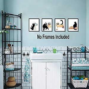 LHIUEM Black Cat Bathroom Decor, Funny Bathroom Wall Art, (Set of 4,8"X10",unframed) Modern Animals Kitty Pictures, Kitten Bathing Canvas Poster cat Lady Gifts for Women,Bathroom Set Decor