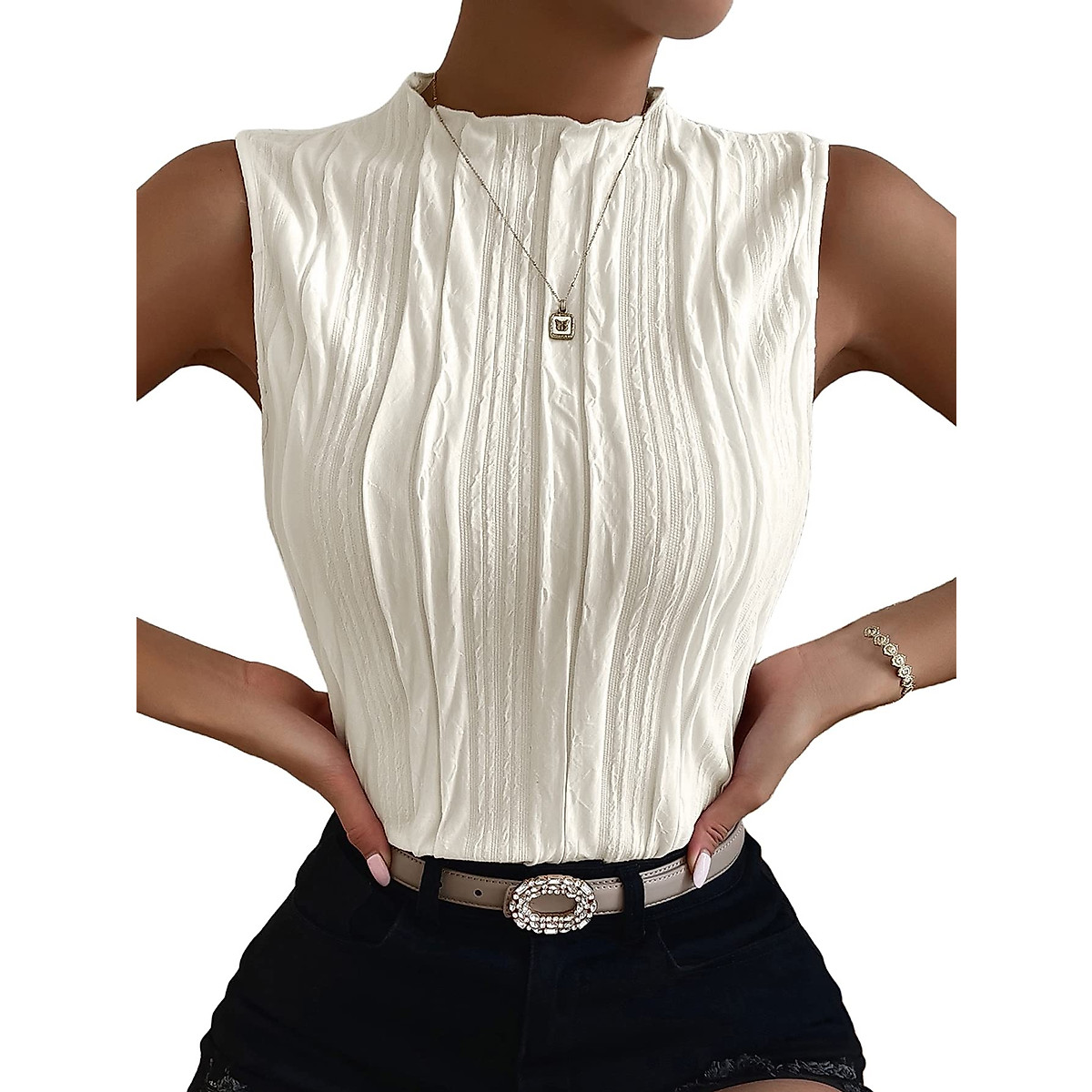 Verdusa Women's Sleeveless Mock Neck Textured Tank Top Beige M