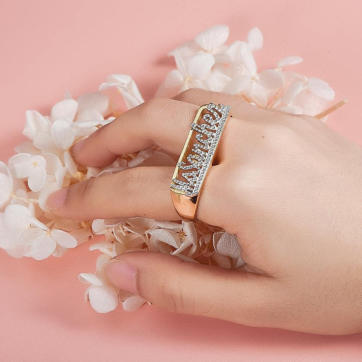 BlingSparkle Ring, Personalized Statement Name Ring with Initial, 18K Gold-Plated, Double Finger, for Women & Mens