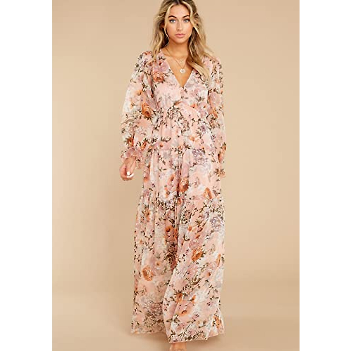 Women's Long Sleeve Floral Maxi Dress V Neck Casual Long Dresses Cocktail Beach Party Maxi Dress Pink