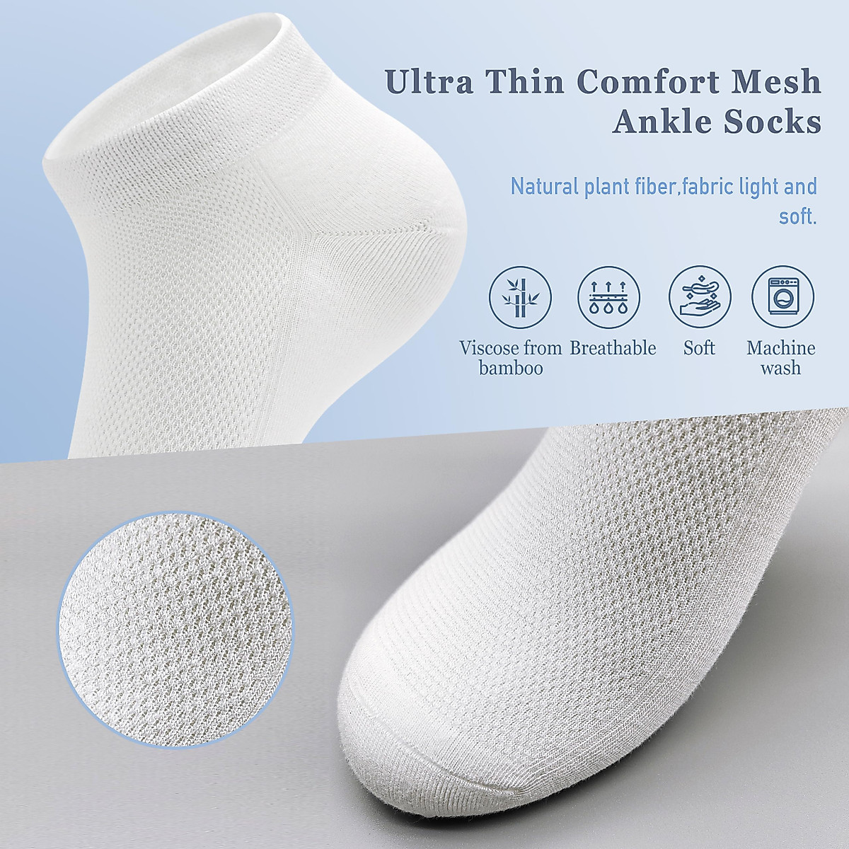 Women Ankle Soft Ultra Thin Mesh Beathable Viscose Bamboo Anti Odor Summer Cool Socks Low Cut Sock 5 Pairs,4-8/9-11(White, Medium)