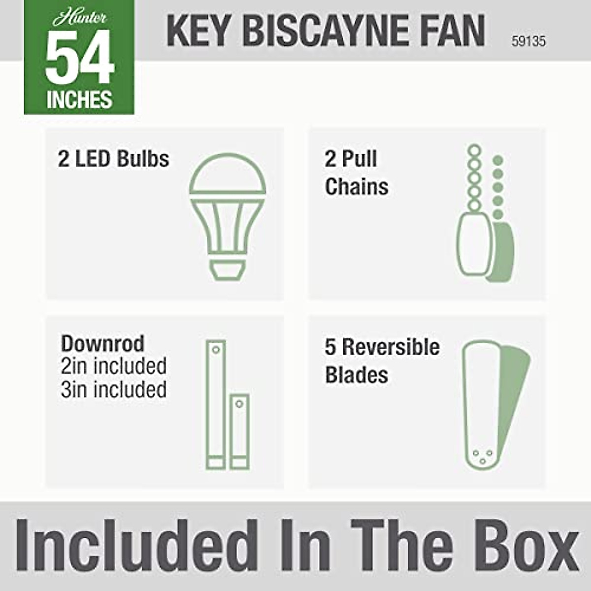 Hunter Fan Company Fan Key Biscayne Indoor/Outdoor Ceiling Fan with 2 LED Lights and Pull Chain Control, Weathered Zinc Finish, 54 Inch