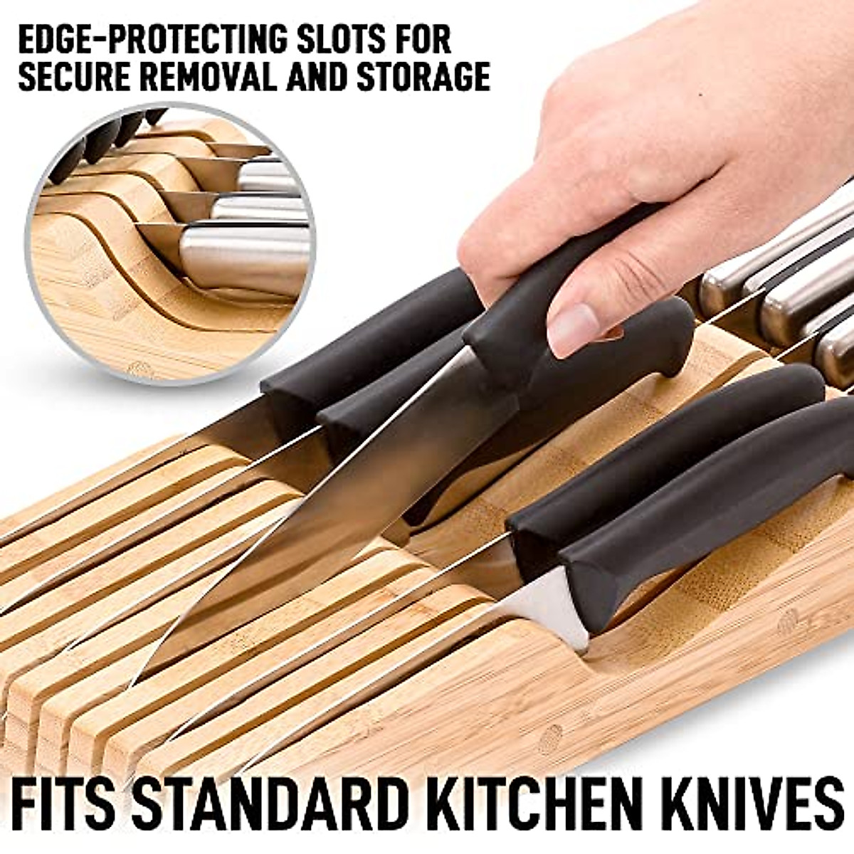 Zulay Kitchen Bamboo Knife Drawer Organizer Insert - Edge-Protecting Knife Organizer Block Holds Up To 11 Knives - Smooth Finish Drawer Knife Organizer Tray Fits In Most Drawers For Kitchen