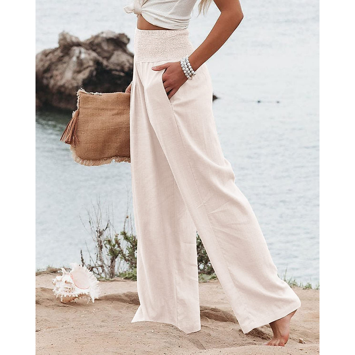 Women Cotton Linen Pants Elastic High Waisted Palazzo Lounge Pants Loose Beach Trousers with Pockets (White, XL)
