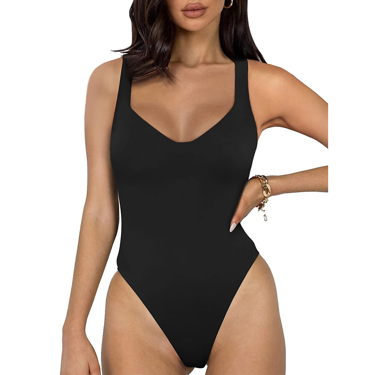 REORIA Women's Summer Sexy Casual V Neck Racer Back Double Lined Seamless Sleeveless Slimming One Piece Leotards Going Out Trendy Tank Top Thong Bodysuits Black X-Large