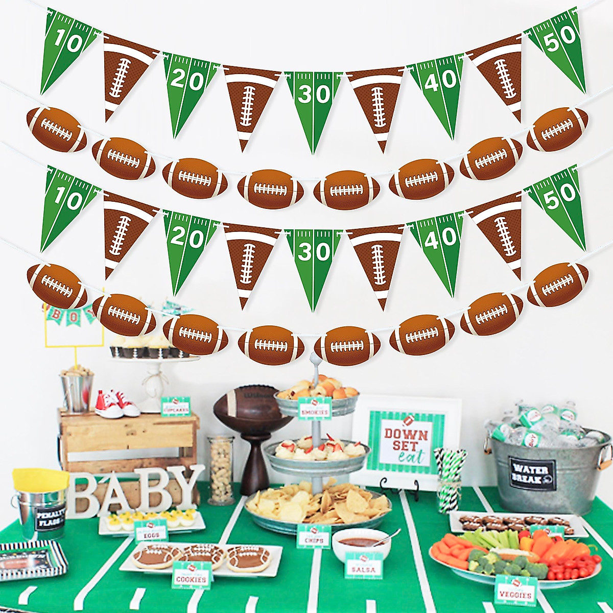 VILIFEVER 4 Pieces Football Party Decorations, Football Paper Banner with Football Triangle Flags Banner for Sports Theme Birthday Party Decorations Game Day Tailgate Party Supplies