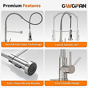 OWOFAN Kitchen Faucet with Pull Down Sprayer Brushed Nickel Stainless Steel Single Handle Pull Out Spring Sink Faucets 1 Hole Or 3 Hole Dual Function for Farmhouse Camper Laundry Utility Rv Wet Bar