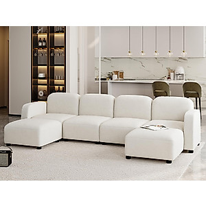 Favfurish 116" U Shaped Modular Sofa,6 Seat Reversible Free Combination Velvet Set,Convertible Sleeper Couched,with Ottoman,for Living, Apartment,Sleeping Room,Beige, 116in
