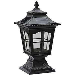 Solar Outdoor Column Lamp Vintage Aluminum IP54 Waterproof Glass Pillar Post Lantern Exterior Villa Door Fence Home Garden Courtyard Lawn Stigma Light (Color : Black)