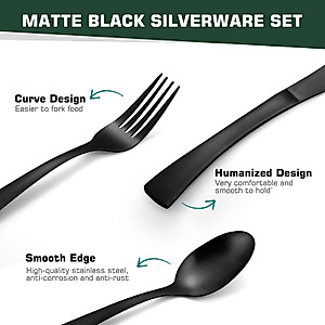 KassKa Matte Black Silverware Set 40 Pieces，Food Grade Stainless Steel Flatware Cutlery Set for 8,Kitchen Dinner Utensil Sets,Curved Knife Handle Design，Spoons and Forks Set，Dishwasher Safe