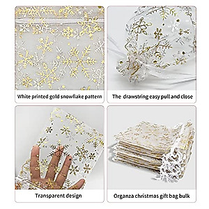 Jexila 100PCS Christmas Organza Bag 5''X7'' Snowflake Christmas Small Mesh Drawstring Gift Bags Christmas Party Favor Goodie Candy Treat Bags