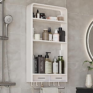 LURIVA Plastic Bathroom Shelves with 2 Drawers & Towel Bar, No Drilling, Bathroom Organizers and Storage, Over Toilet Storage, Wall Mount Shower Organizer, Shower Caddy, Bathroom Wall Cabinet