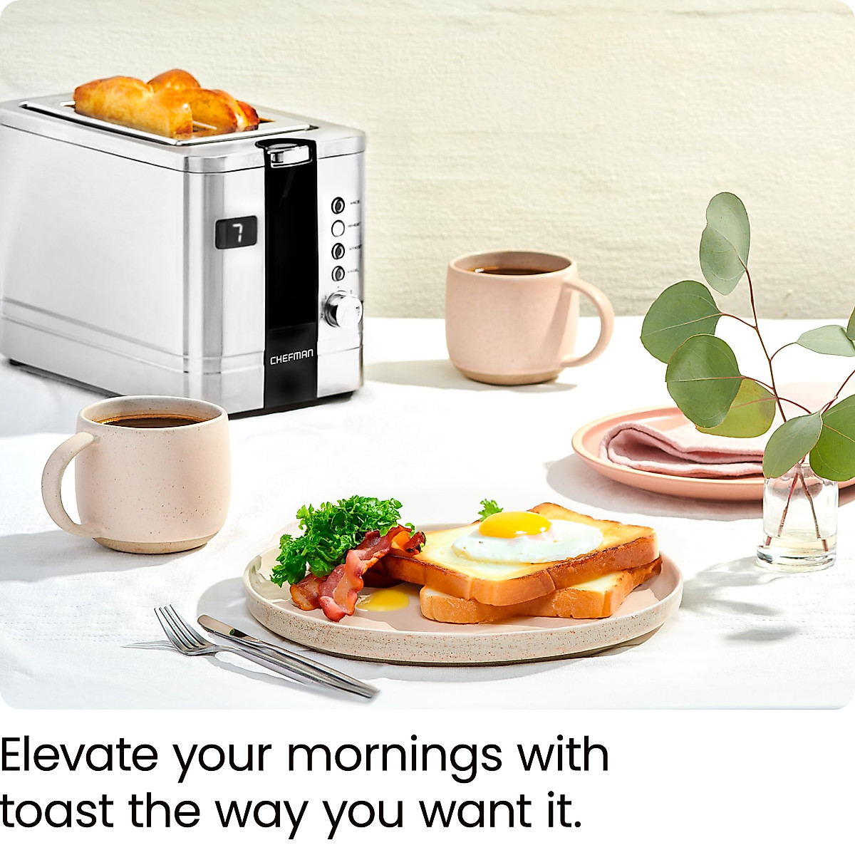 Chefman 2-Slice Digital Toaster, Pop-Up, Stainless Steel, Extra-Wide Slots For Bagels, Defrost, Reheat, Cancel Functions, Removable Crumb Tray