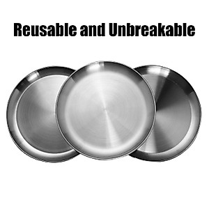 CAMBUY Stainless Steel Plates 9 inch 304 Metal Lightweight Unbreakable Dinner Dishes Plates Set Non-Toxin Dishwasher Safe BPA Free and Healthy (10 Pcs)