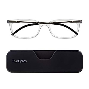 ThinOptics Unisex Adult Glasses Reading, Attachable Case / Rectangle Clear, 2.00 US