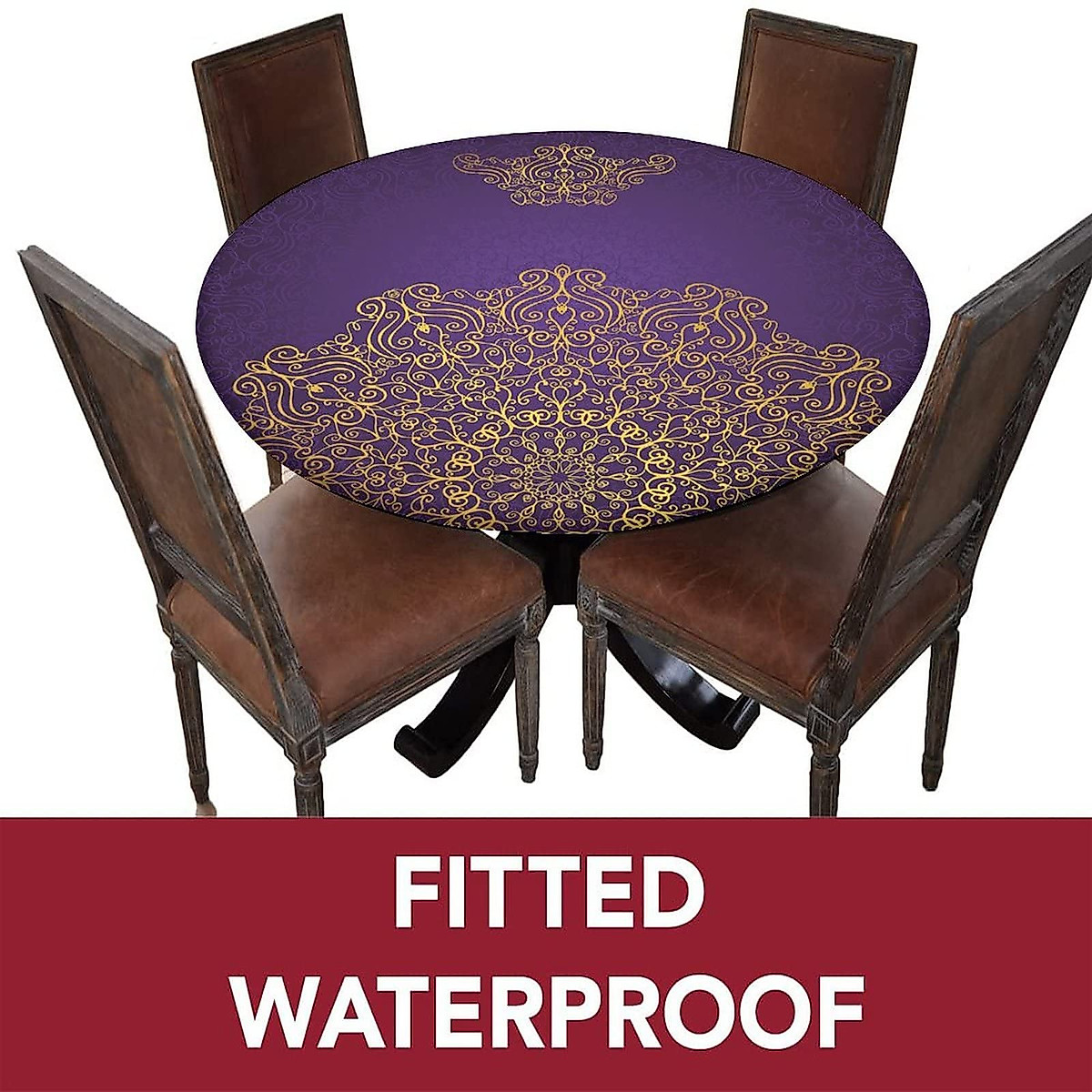 Gold Mandala Round Fitted Tablecloth with Elastic Edge,Vintage Ornament Eastern Ottoman Art Print Polyester Table Cover, xxLarge, Fit Round Tables up 65"-71" Diameter, for Kitchen Dining Party