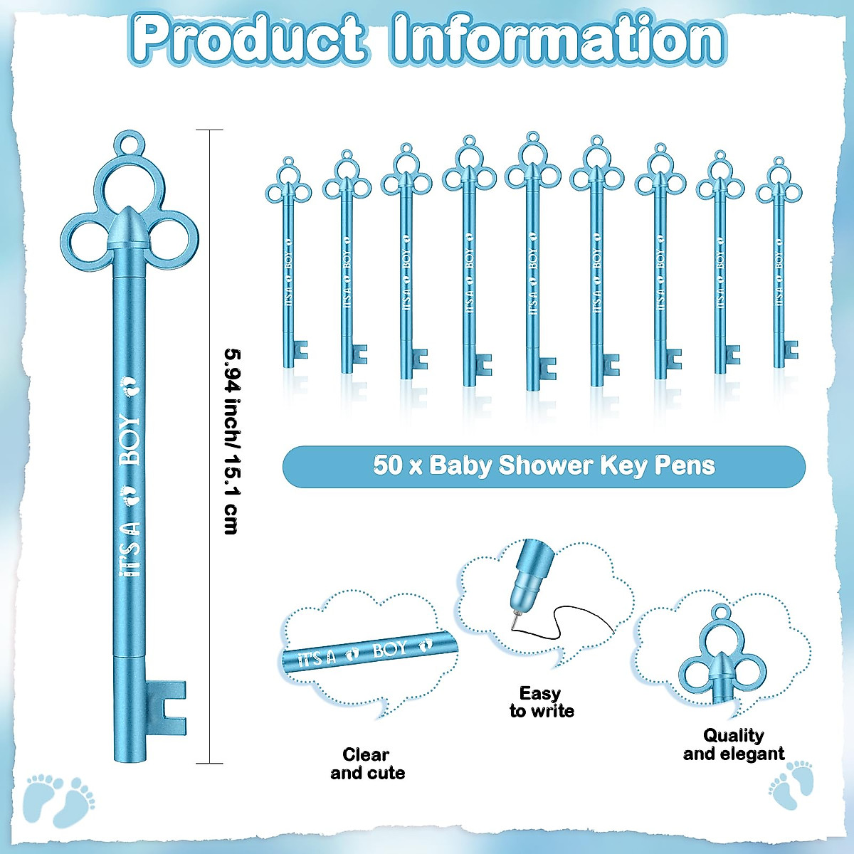Geyoga 50 Sets Baby Shower Party Favors 50 Fancy Key Shape Pens It's a Girl/ Boy Key Gel Ink Pens 50 Thank You Cards Small Gift Cards 50 Organza Bags for Guests Gender Reveal Party Favors(Blue,Boy)