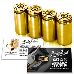 Lucky Shot - 40 Cal Bullet Shell Casing Tire Valve Stem Caps | Tire Pressure Caps | Stem Tires Accessories for Cars, SUVs, BMX Bike, Bicycle, Truck, Motorcycle | Brass Stems Covers (Set of 4)