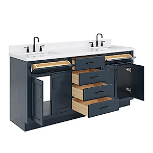 ARIEL Hepburn 72" Midnight Blue Double Vanity, 1.5" Edge Carrara Quartz Countertop & Splash, Rectangular Sinks, 4 Soft Closing Doors, 6 Full Extension Dovetail Drawers, Toe Kick, Matte Black