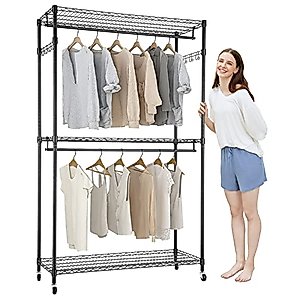 DEVO 3 Tiers Garment Racks with Storage Shelves, Heavy Duty Rolling Clothing Rack Closet Organizer, Portable Clothes Rack for hanging clothes W/Hanger Bar & Wheels & 1 Pair Side Hooks, Max Load 450LBS