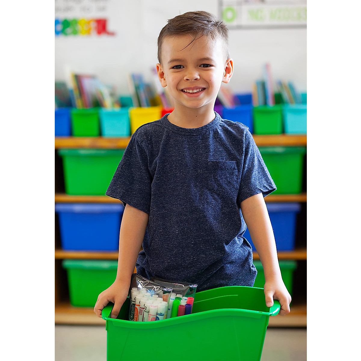 Storex Large Book Bin, 14 x 5 x 7, Case of 6, Blue (71115U06C)